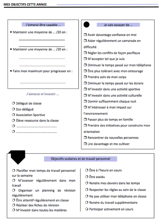 Fiche: « Mes objectifs cette année » – VIE DE CLASSE